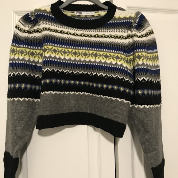 Zara | Sweaters | Nwot Zara Jacquard Knit Sweater Puff Sleeves Cropped ...